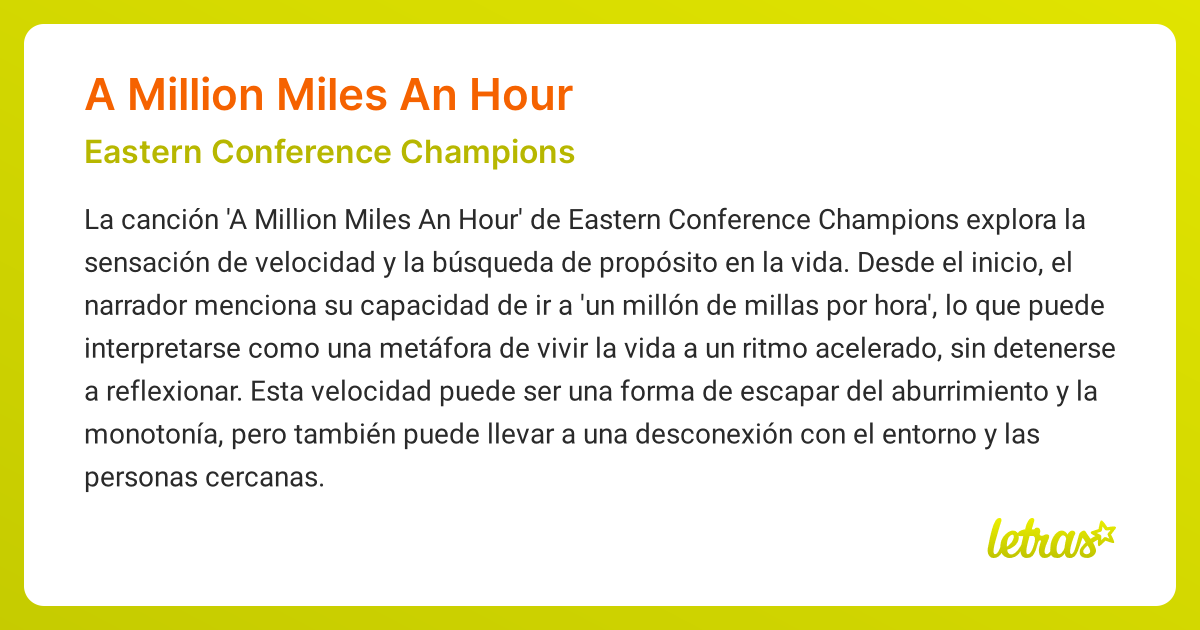 Significado de la canción A MILLION MILES AN HOUR (Eastern Conference ...
