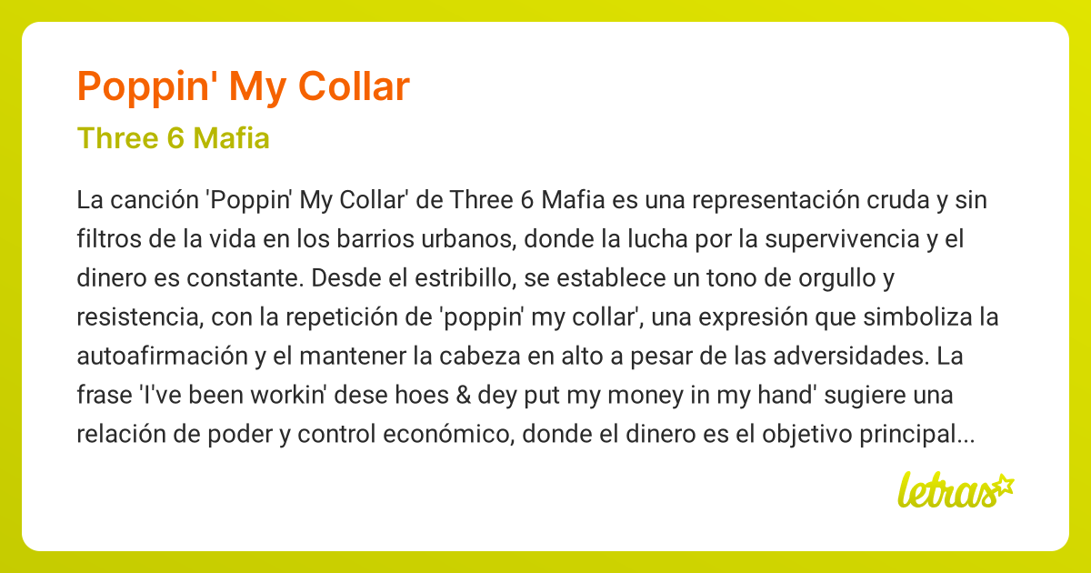 Significado de la canción POPPIN' MY COLLAR (Three 6 Mafia) - LETRAS.COM