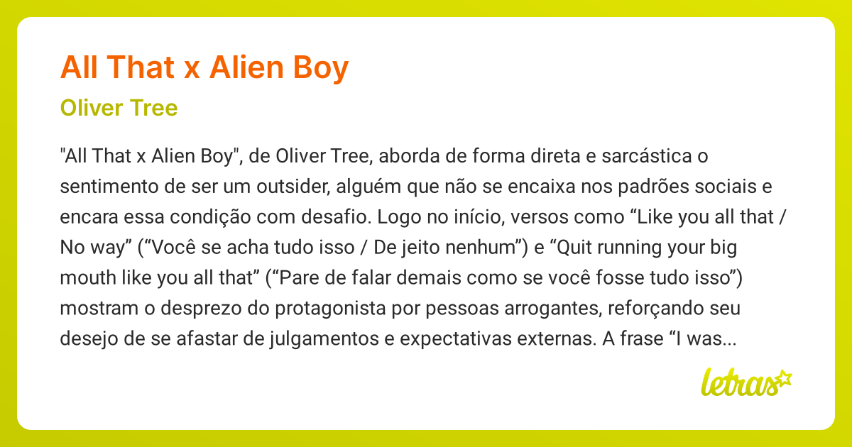 Significado da música ALL THAT X ALIEN BOY (Oliver Tree) - LETRAS.MUS.BR