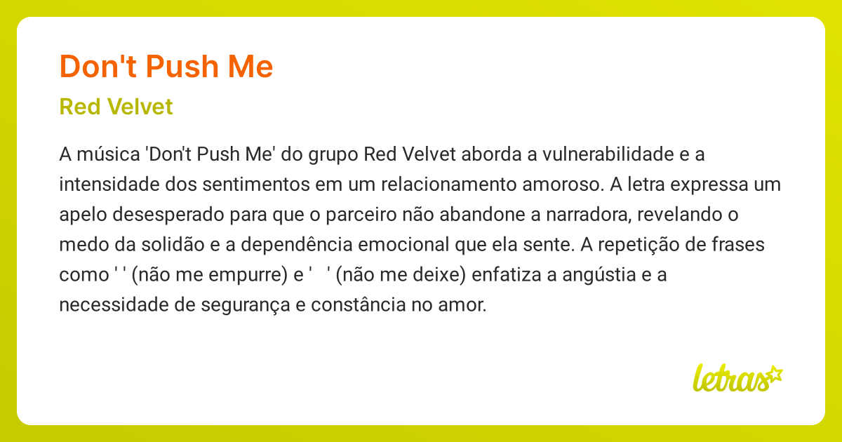 Significado da música DON'T PUSH ME (Red Velvet) - LETRAS.MUS.BR