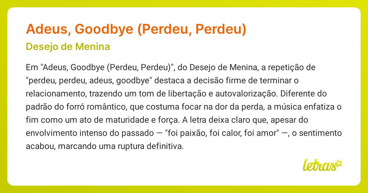 Significado da música Adeus, Goodbye (Perdeu, Perdeu) (Desejo de Menina ...