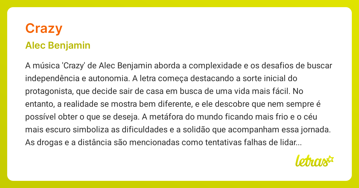 Significado da música CRAZY (Alec Benjamin) - LETRAS.MUS.BR