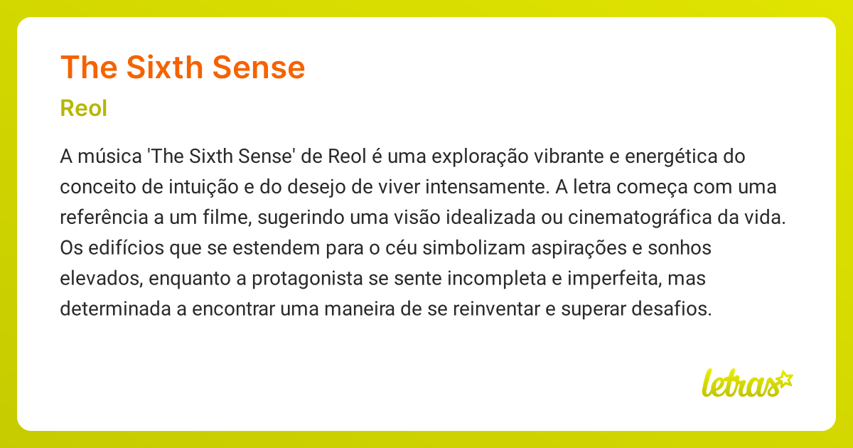 Significado da música THE SIXTH SENSE (Reol) - LETRAS.MUS.BR