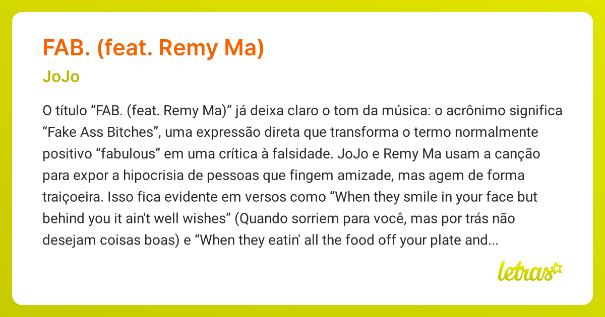 Significado da música FAB. (FEAT. REMY MA) (JoJo) - LETRAS.MUS.BR