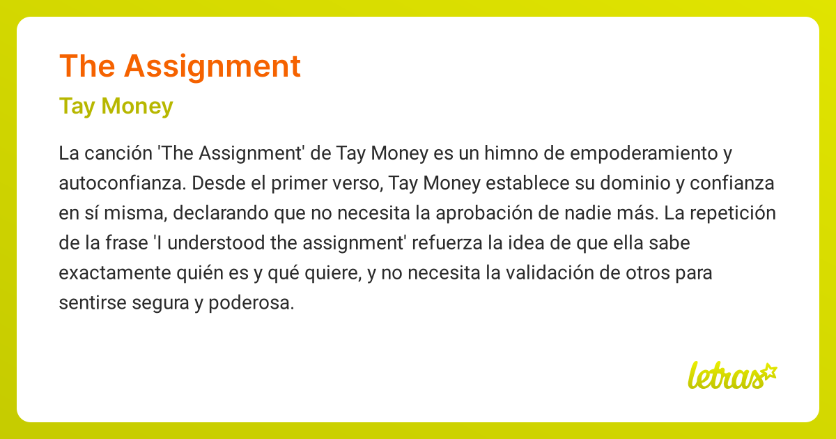 Significado de la canción THE ASSIGNMENT (Tay Money) - LETRAS.COM