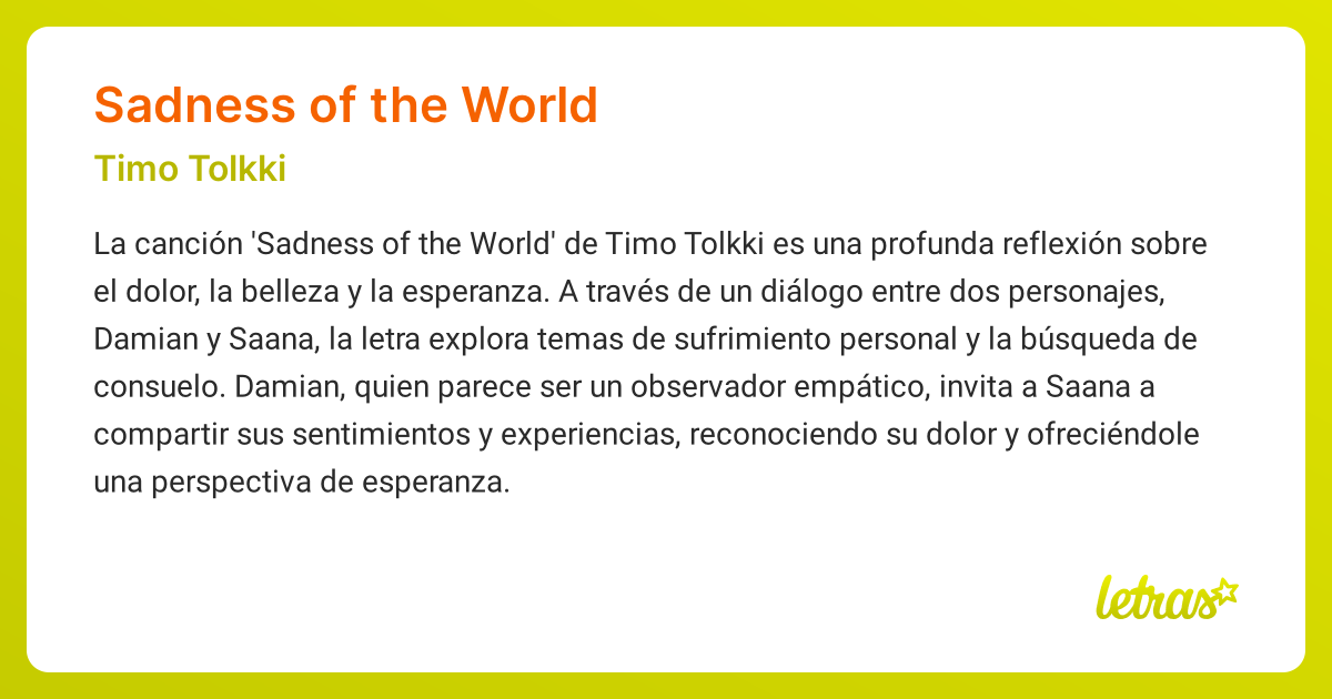 Significado de la canción SADNESS OF THE WORLD (Timo Tolkki) - LETRAS.COM