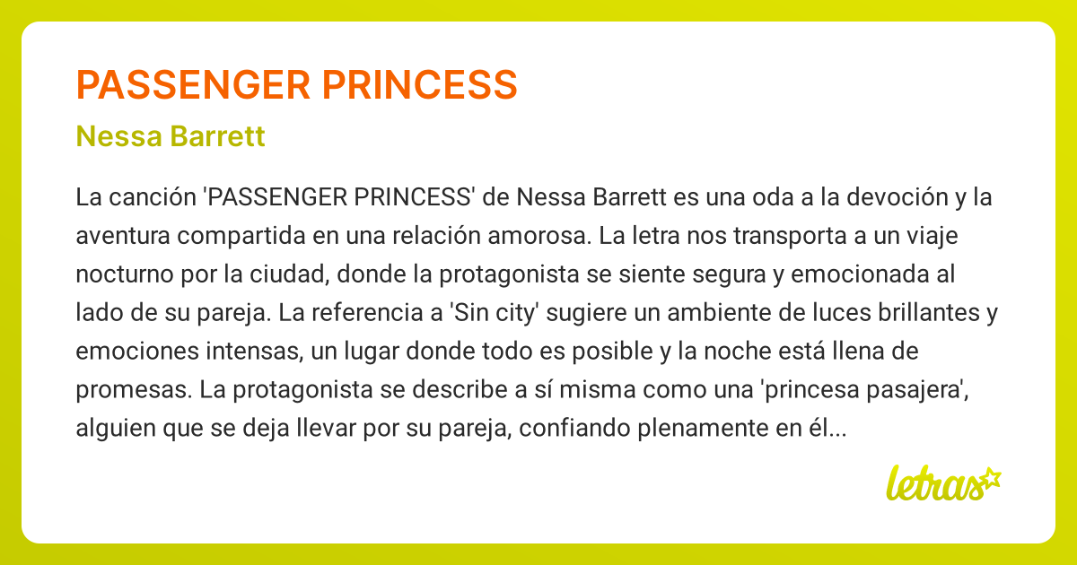 Significado de la canción PASSENGER PRINCESS (Nessa Barrett) - LETRAS.COM