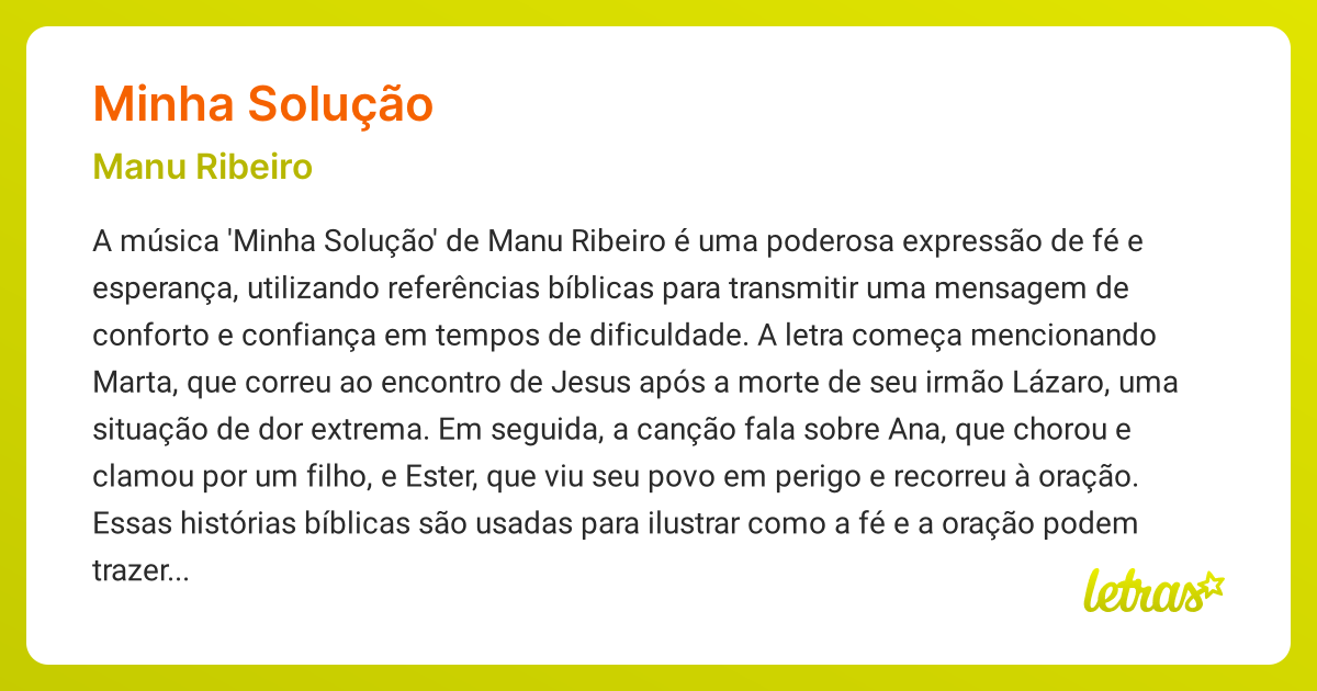 Significado da música MINHA SOLUÇÃO (Manu Ribeiro) - LETRAS.MUS.BR