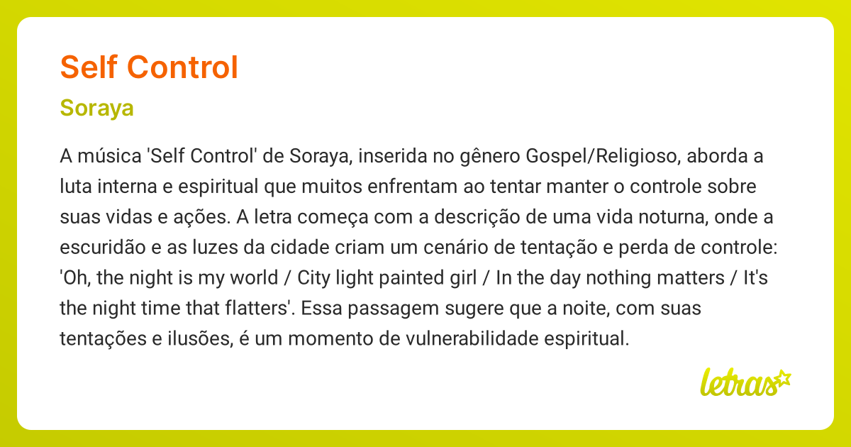 Significado da música SELF CONTROL (Soraya) - LETRAS.MUS.BR