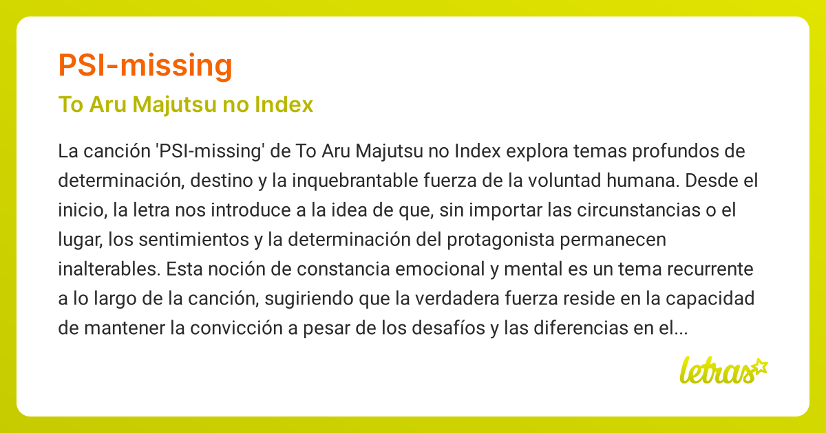 Significado de la canción PSI-MISSING (To Aru Majutsu no Index) - LETRAS.COM