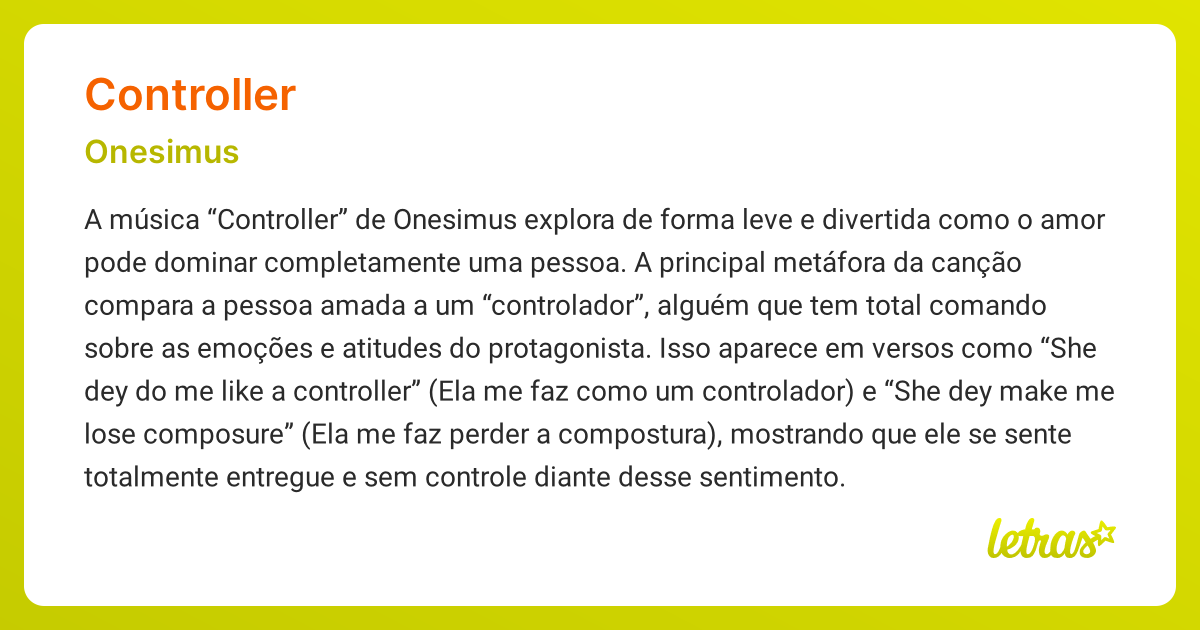 Significado da música CONTROLLER (Onesimus) - LETRAS.MUS.BR