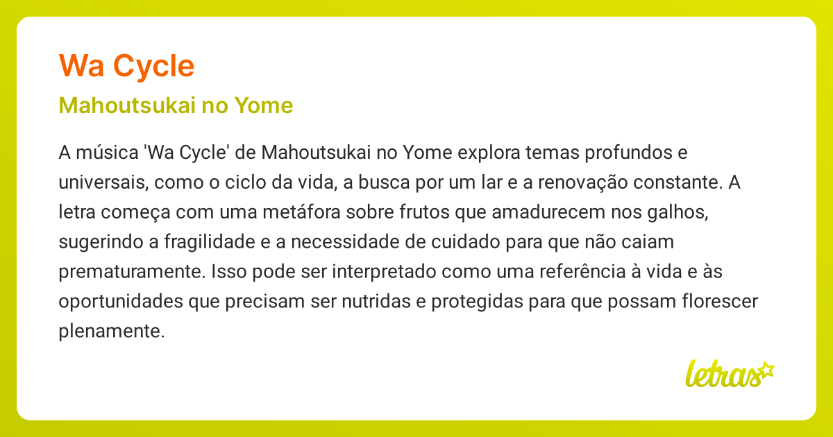 Significado da música WA CYCLE (Mahoutsukai no Yome) - LETRAS.MUS.BR