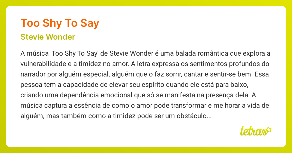 Significado da música TOO SHY TO SAY (Stevie Wonder) - LETRAS.MUS.BR