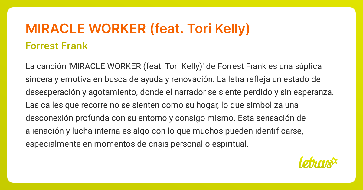 Significado de la canción MIRACLE WORKER (feat. Tori Kelly) (Forrest ...