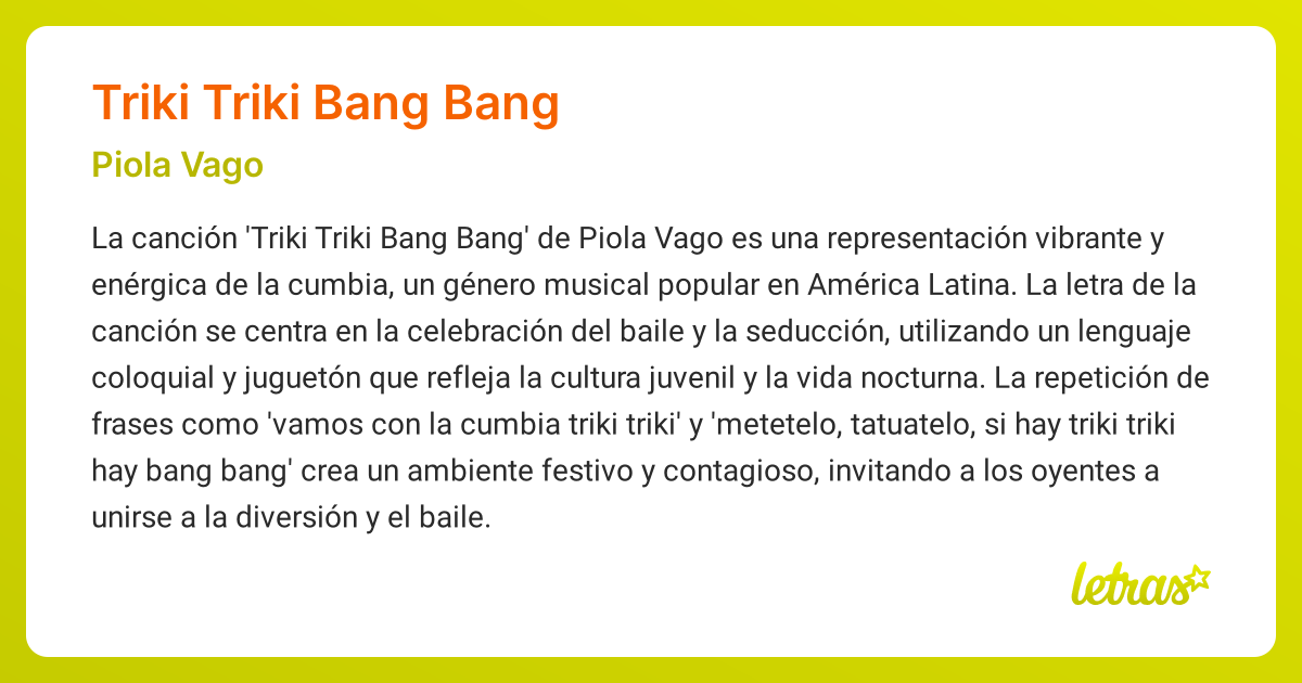 Significado de la canción TRIKI TRIKI BANG BANG (Piola Vago) - LETRAS.COM