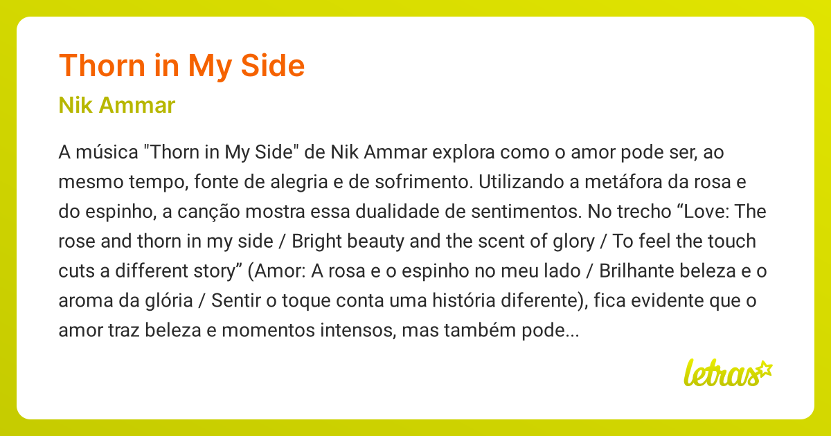 Significado da música THORN IN MY SIDE (Nik Ammar) - LETRAS.MUS.BR