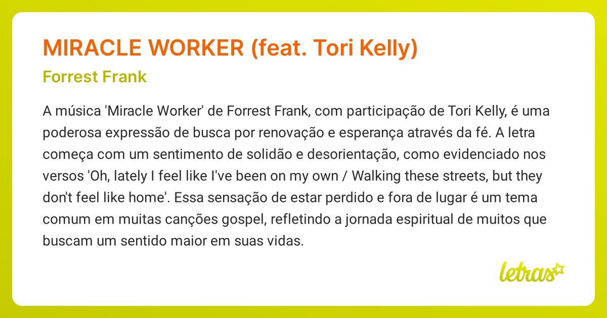 Significado da música MIRACLE WORKER (feat. Tori Kelly) (Forrest Frank) - LETRAS.MUS.BR