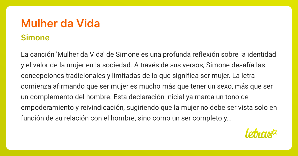 Significado de la canción MULHER DA VIDA (Simone) - LETRAS.COM