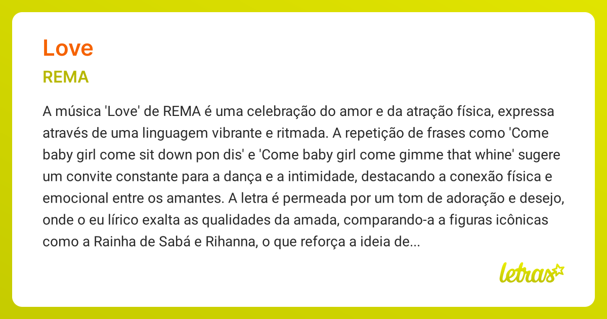 Significado da música LOVE (REMA) - LETRAS.MUS.BR