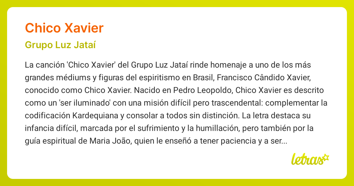 Significado de la canción CHICO XAVIER (Grupo Luz Jataí) - LETRAS.COM