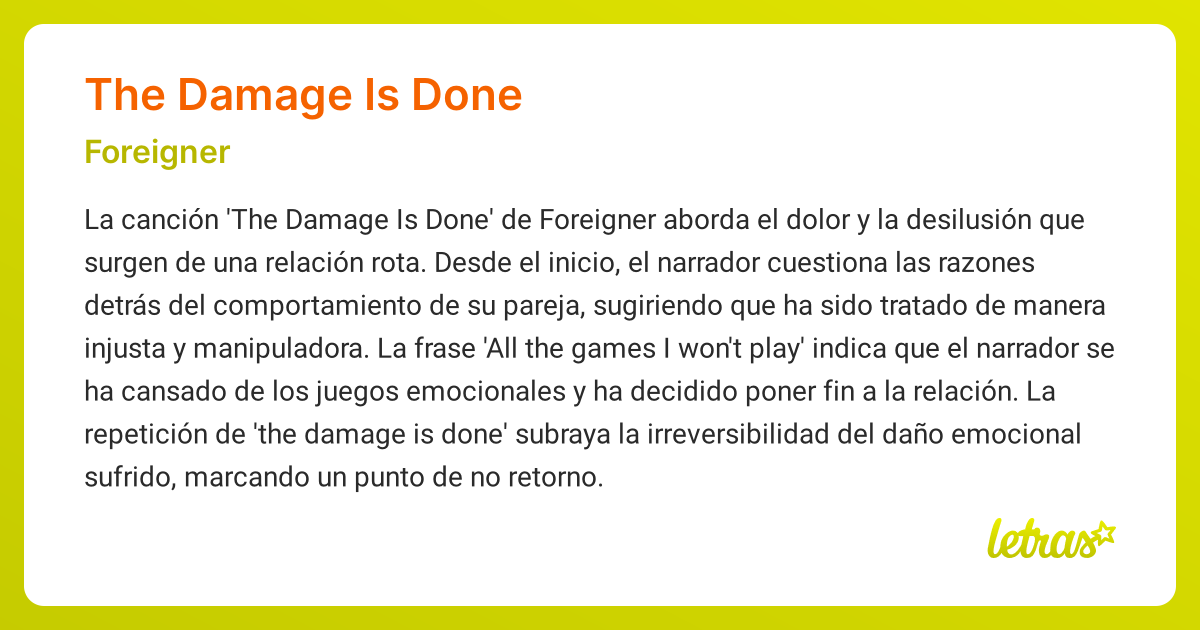 Significado de la canción THE DAMAGE IS DONE (Foreigner) - LETRAS.COM