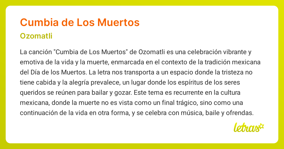 Significado de la canción CUMBIA DE LOS MUERTOS (Ozomatli) - LETRAS.COM