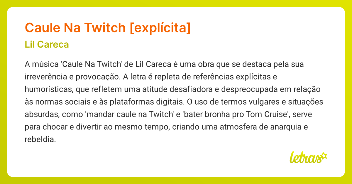 Significado da música CAULE NA TWITCH [EXPLÍCITA] (Lil Careca) - LETRAS ...