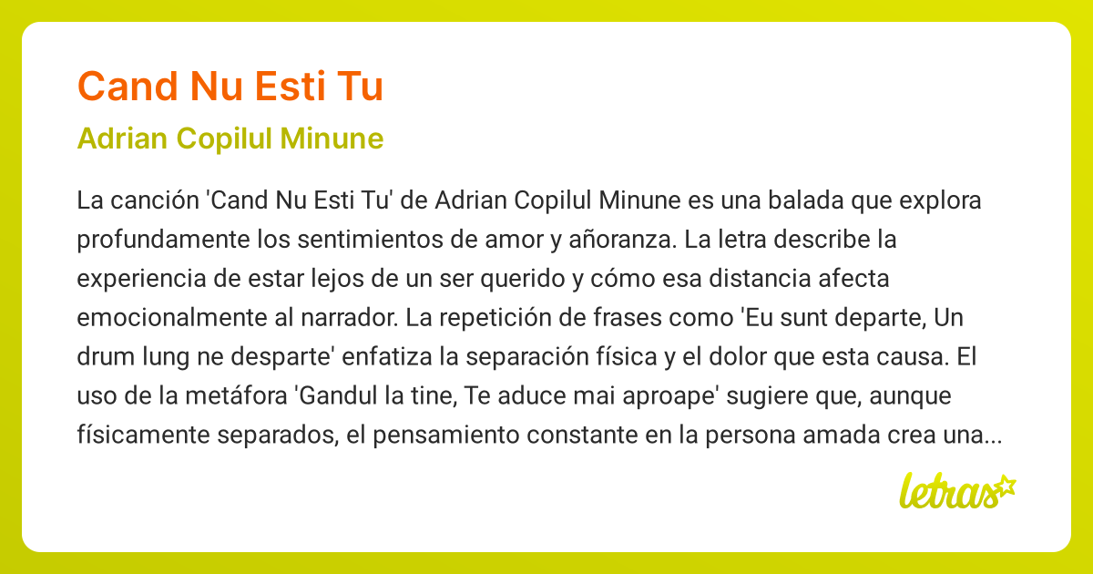 Significado de la canción CAND NU ESTI TU (Adrian Copilul Minune ...