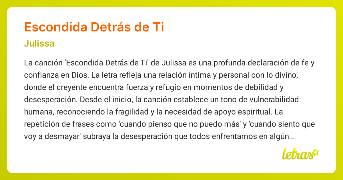 Significado de la canción ESCONDIDA DETRÁS DE TI (Julissa) - LETRAS.COM