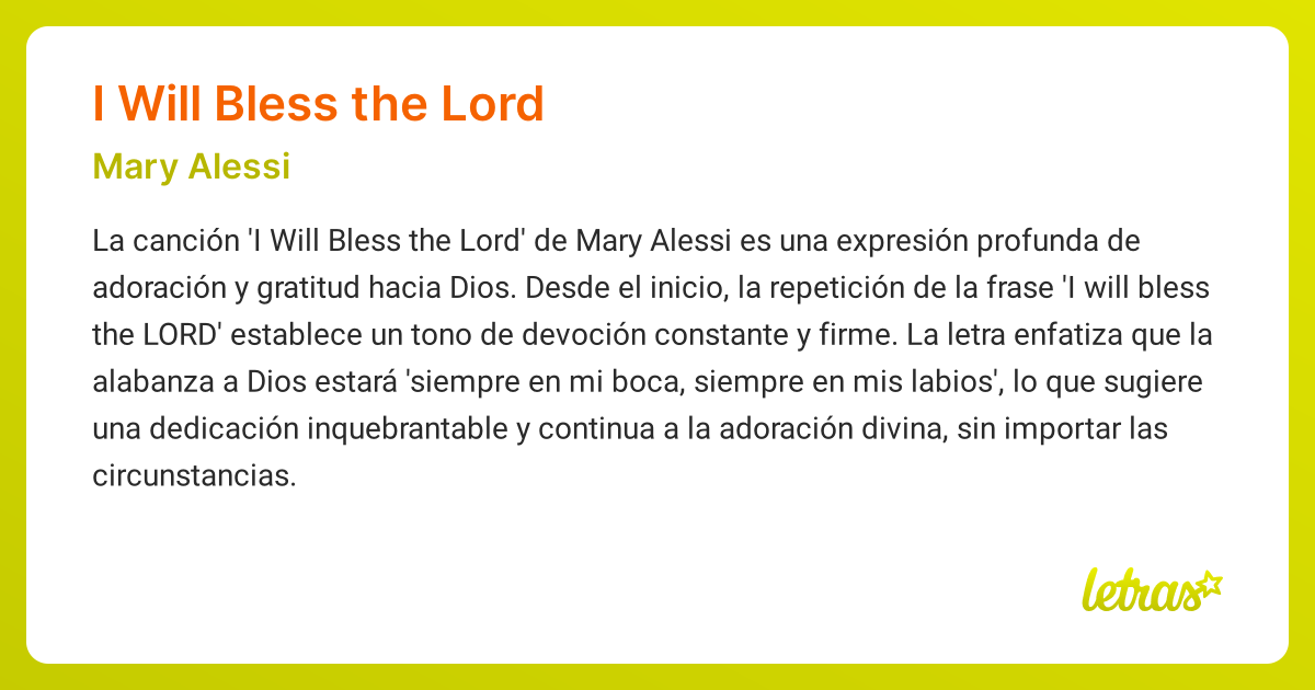 Significado de la canción I WILL BLESS THE LORD (Mary Alessi) - LETRAS.COM