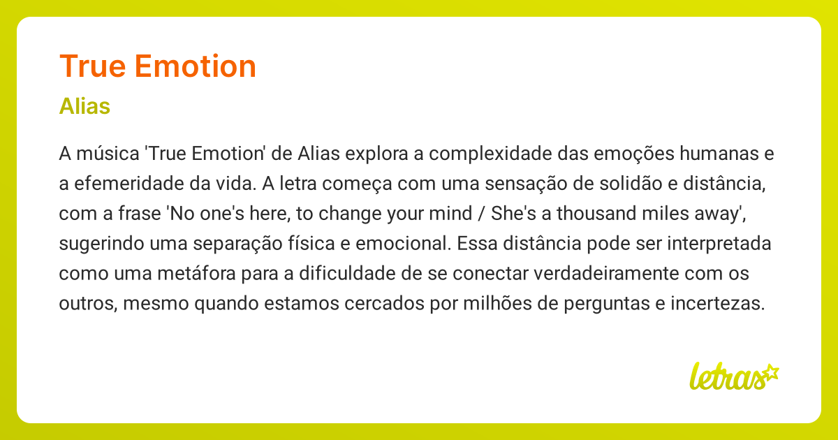 Significado da música TRUE EMOTION (Alias) - LETRAS.MUS.BR