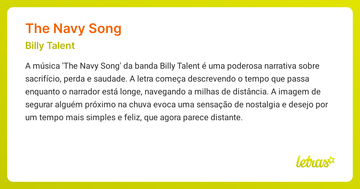 Significado da música THE NAVY SONG (Billy Talent) - LETRAS.MUS.BR