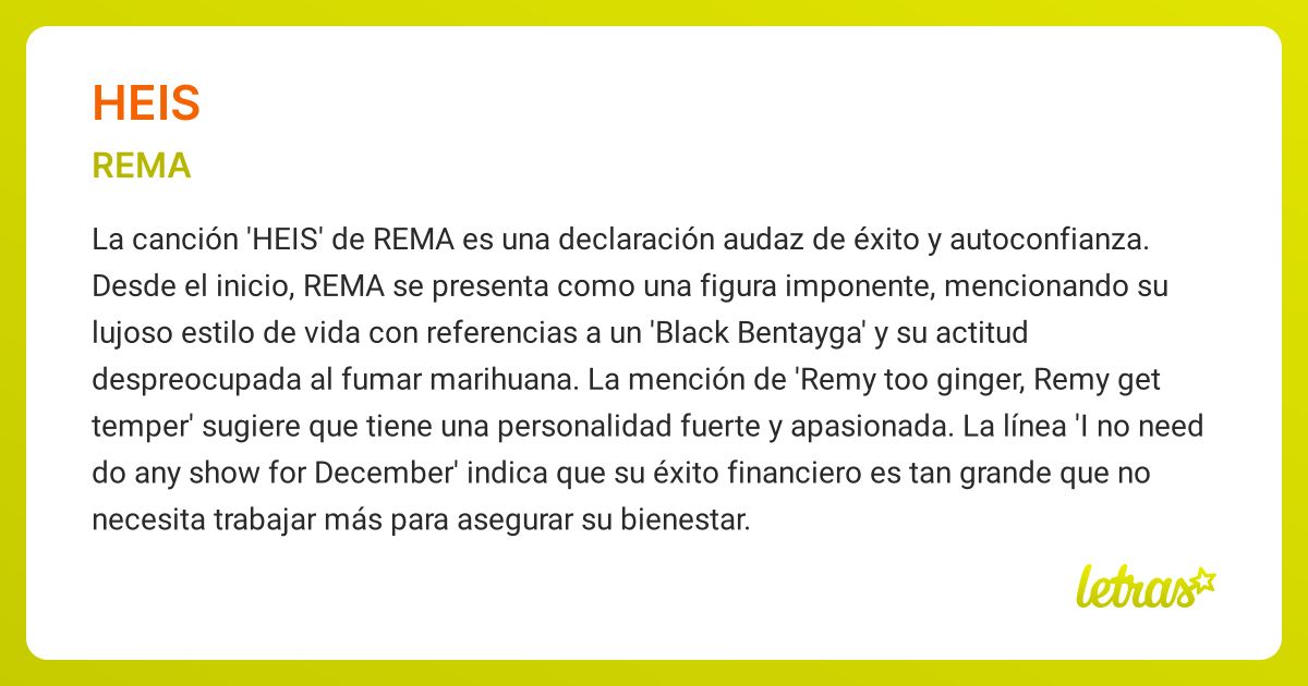 Significado de la canción HEIS (REMA) - LETRAS.COM