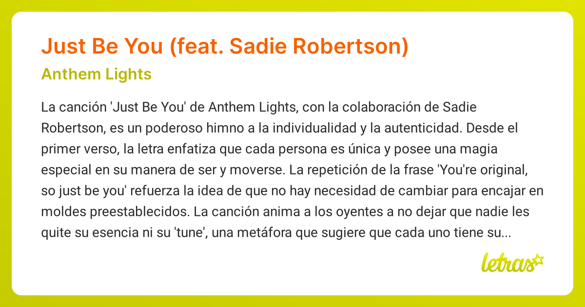 Significado de la canción Just Be You (feat. Sadie Robertson) (Anthem ...