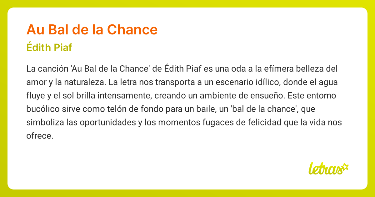 Significado de la canción AU BAL DE LA CHANCE (Édith Piaf) - LETRAS.COM