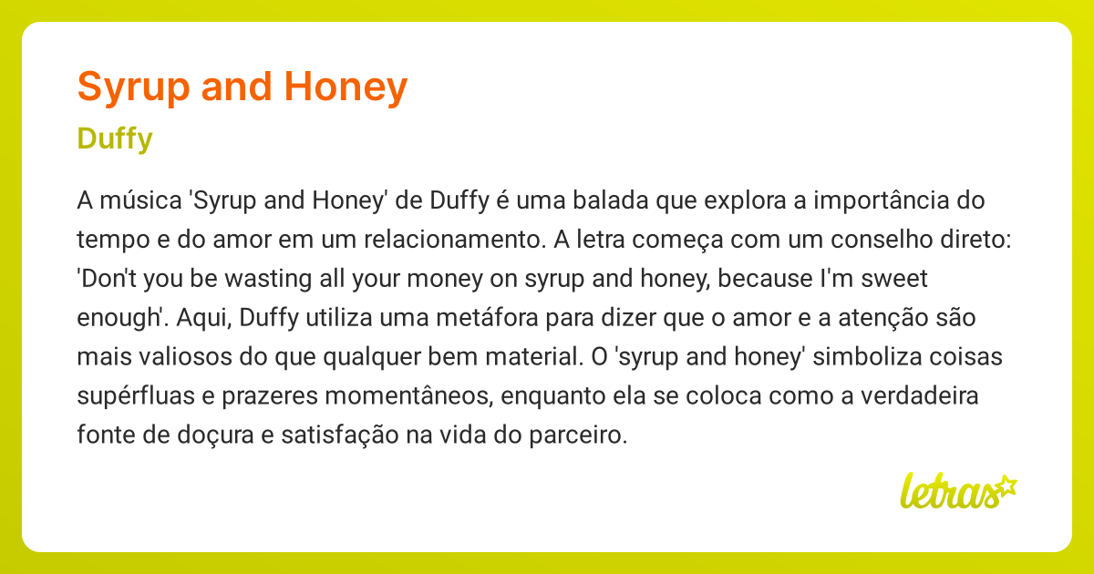 Significado da música SYRUP AND HONEY (Duffy) - LETRAS.MUS.BR