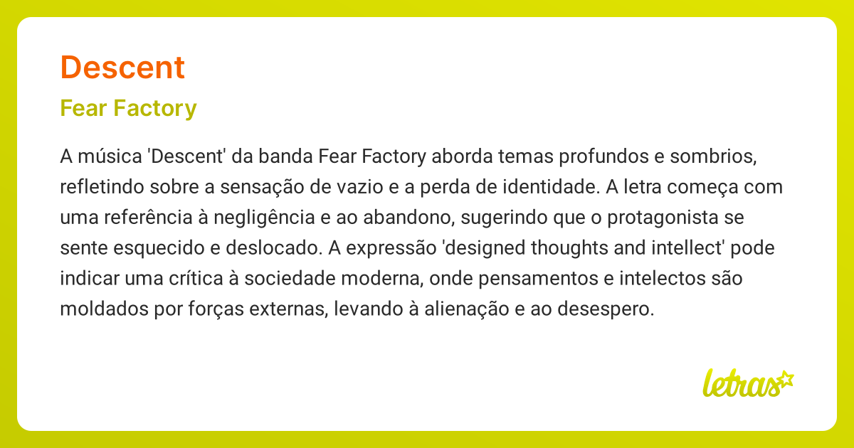 Significado da música DESCENT (Fear Factory) - LETRAS.MUS.BR