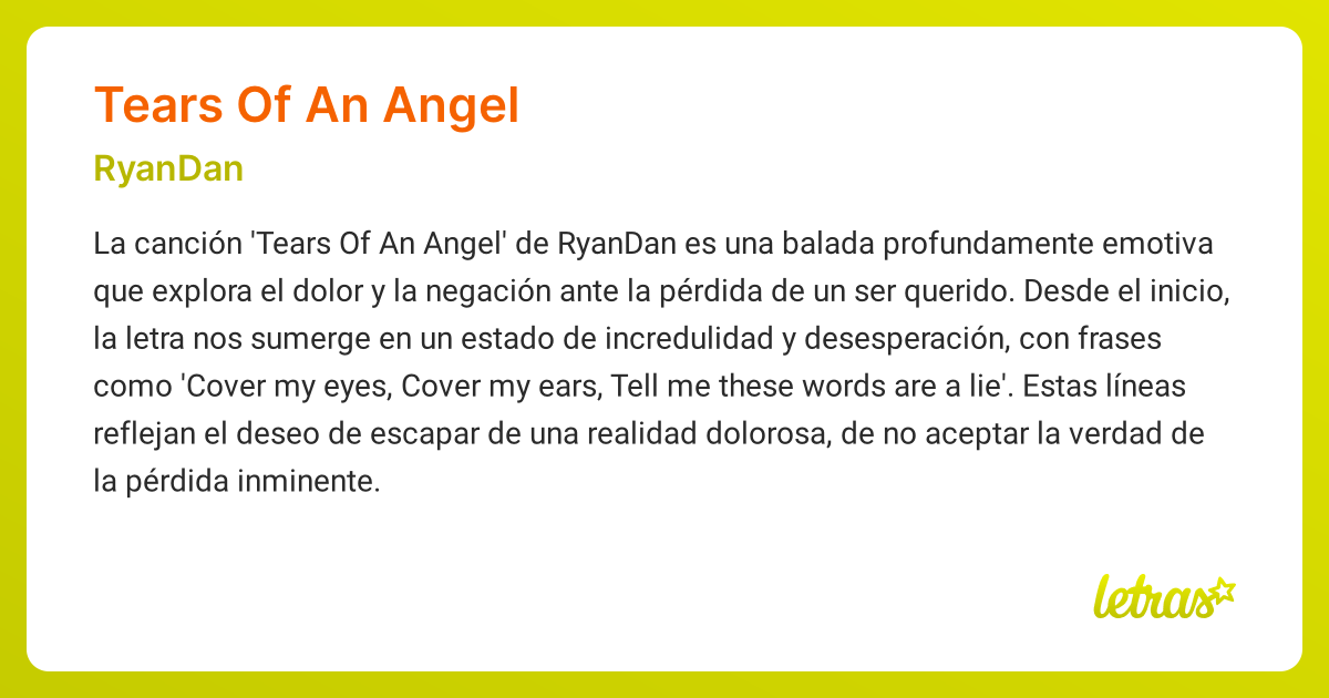 Significado de la canción TEARS OF AN ANGEL (RyanDan) - LETRAS.COM