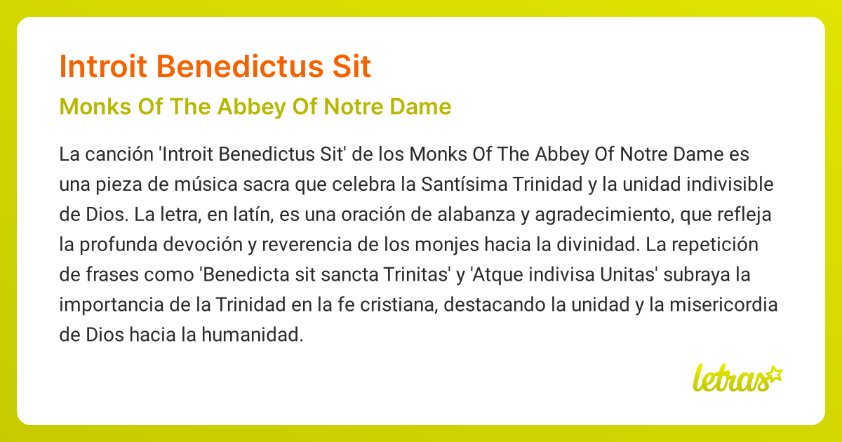 Significado de la canción INTROIT BENEDICTUS SIT (Monks Of The Abbey Of ...