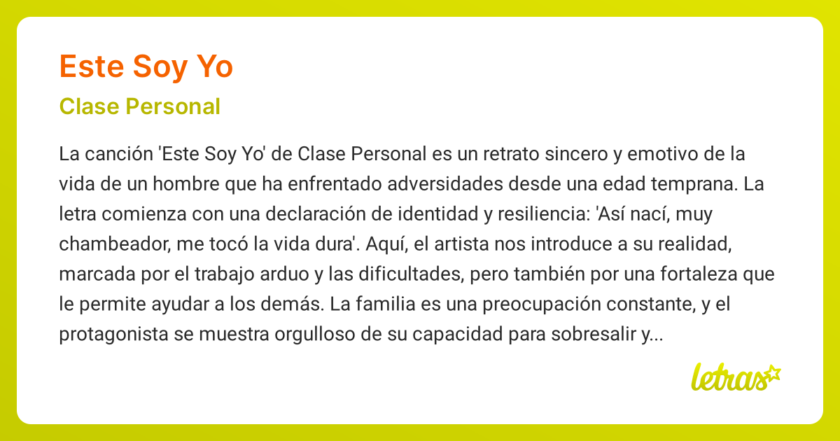 Significado de la canción ESTE SOY YO (Clase Personal) - LETRAS.COM