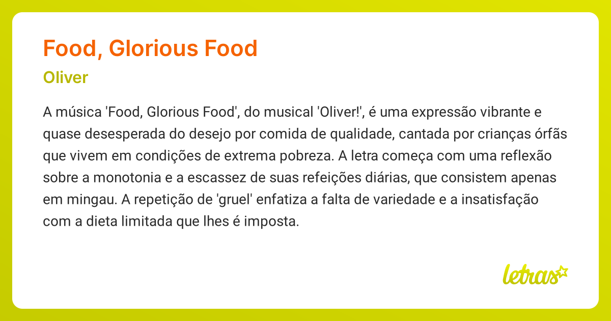 Significado da música FOOD, GLORIOUS FOOD (Oliver) - LETRAS.MUS.BR