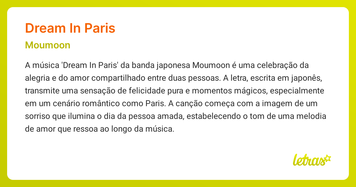 Significado da música DREAM IN PARIS (Moumoon) - LETRAS.MUS.BR