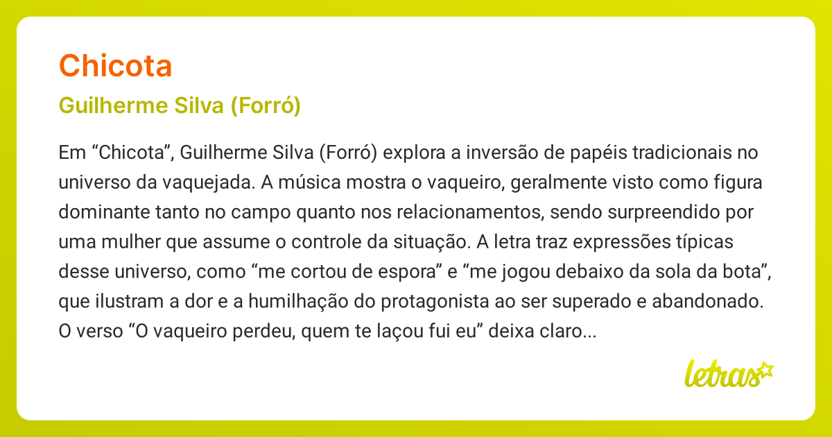 Significado da música CHICOTA (Guilherme Silva (Forró)) - LETRAS.MUS.BR
