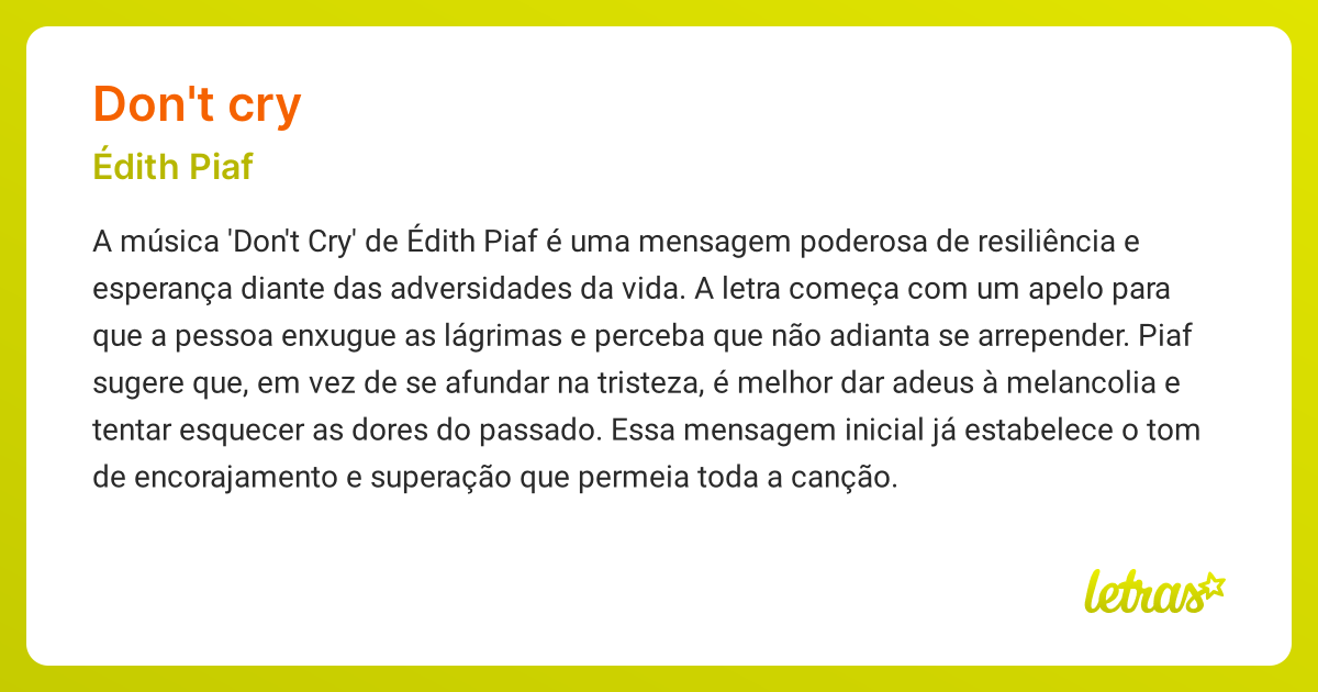 Significado da música DON'T CRY (Édith Piaf) - LETRAS.MUS.BR