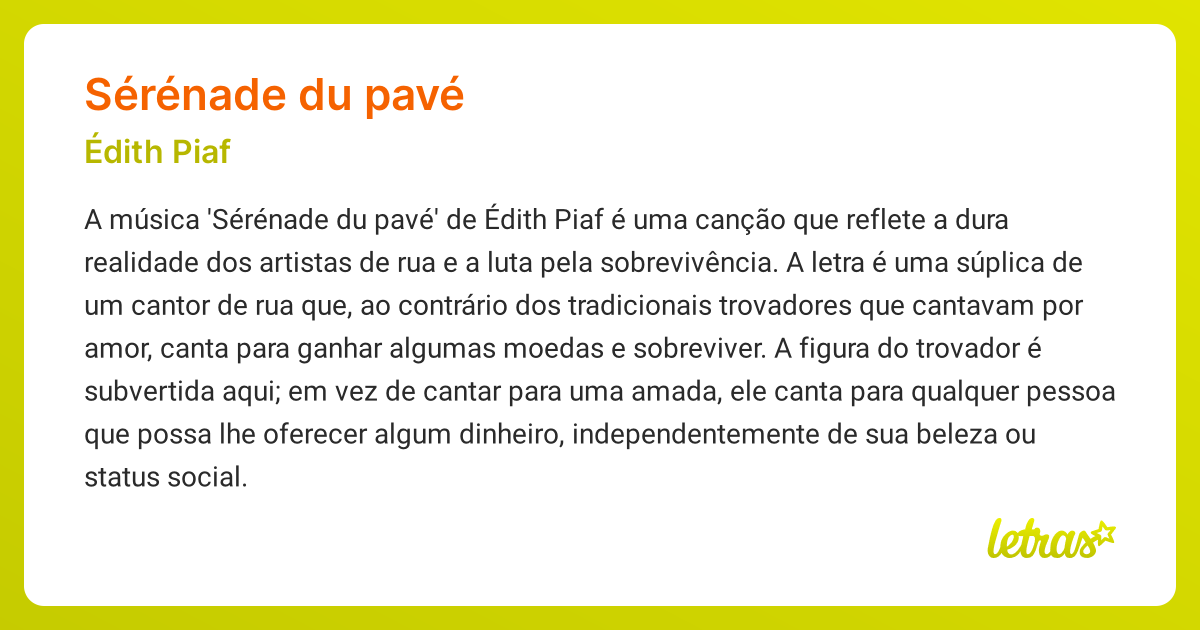 Significado da música SÉRÉNADE DU PAVÉ (Édith Piaf) - LETRAS.MUS.BR