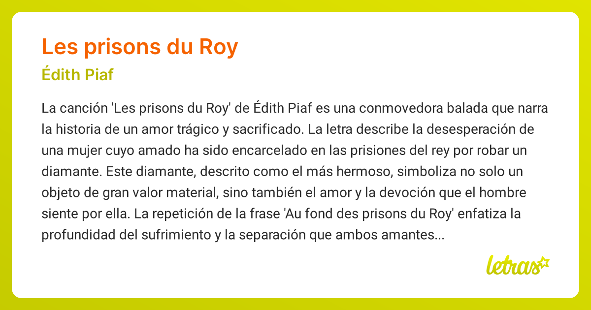 Significado de la canción LES PRISONS DU ROY (Édith Piaf) - LETRAS.COM