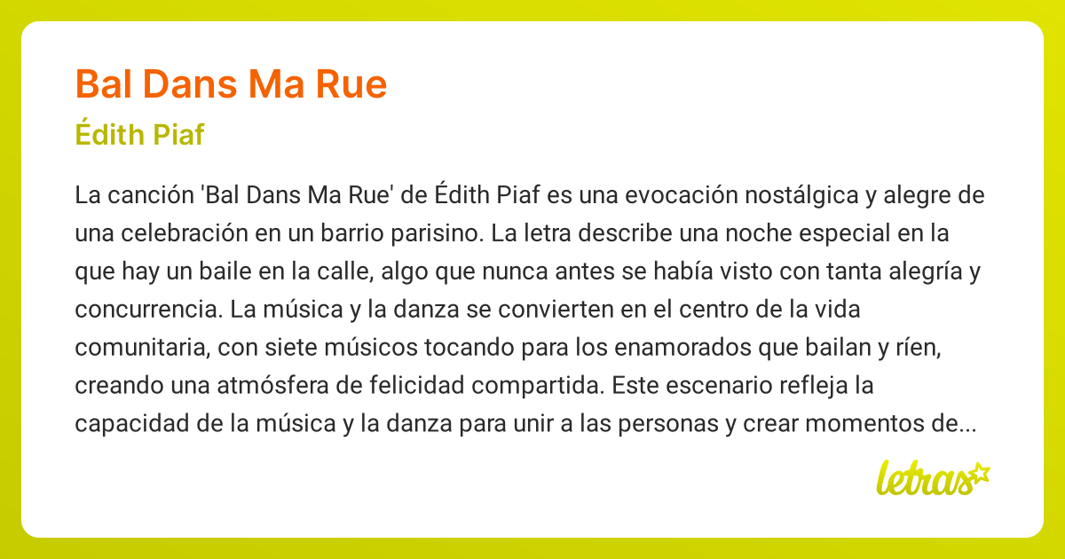 Significado de la canción BAL DANS MA RUE (Édith Piaf) - LETRAS.COM