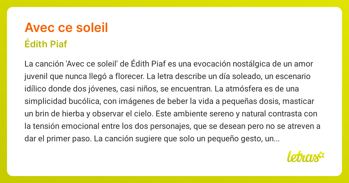 Significado de la canción AVEC CE SOLEIL (Édith Piaf) - LETRAS.COM