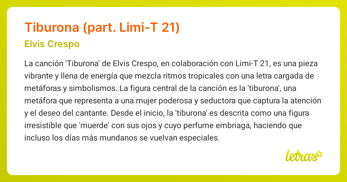 Significado de la canción TIBURONA (PART. LIMI-T 21) (Elvis Crespo ...