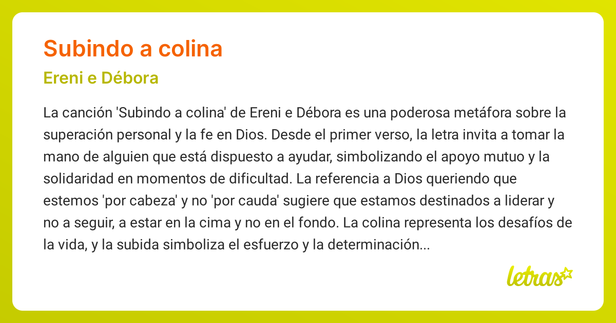 Significado de la canción SUBINDO A COLINA (Ereni e Débora) - LETRAS.COM